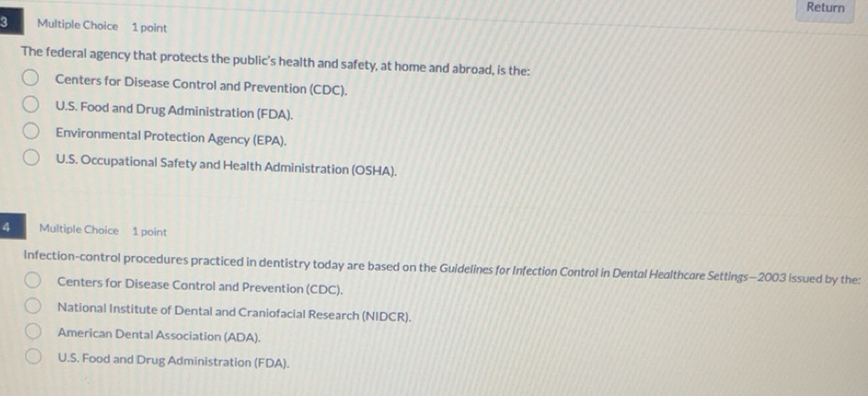 Solved: Return 3 Multiple Choice 1 point The federal agency that ...