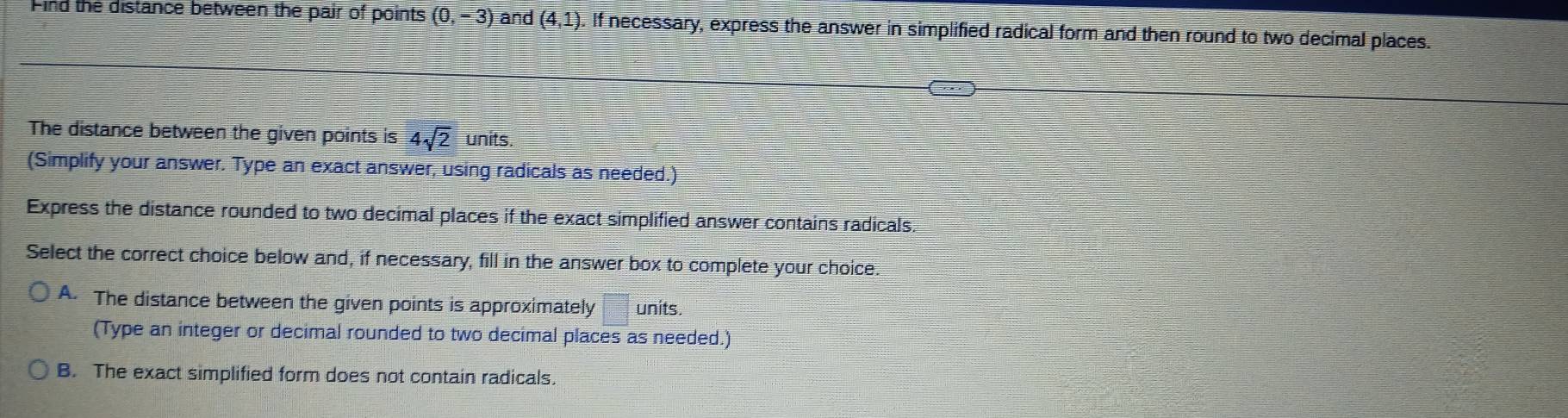 Solved: Find the distance between the pair of points (0,-3) and (4,1 ...