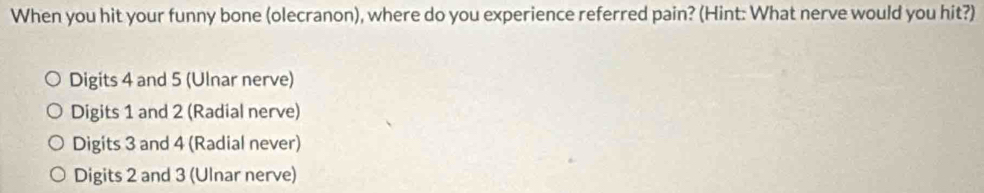 Solved: When you hit your funny bone (olecranon), where do you ...