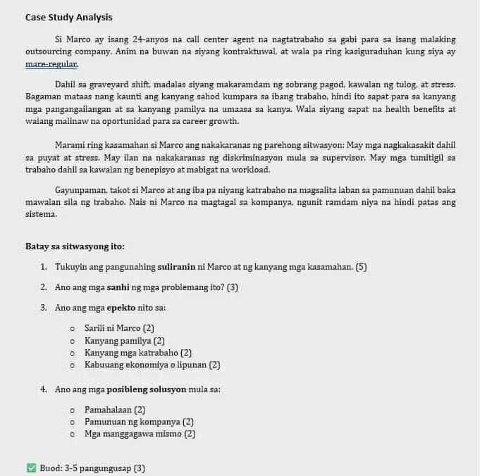 Solved: Case Study Analysis Si Marco ay isang 24-anyos na call center ...