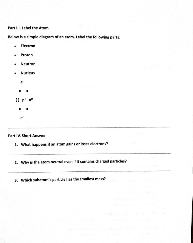 Solved: Part III. Label the Atom Below is a simple diagram of an atom ...