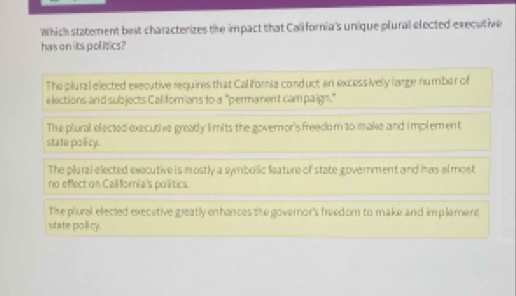 Solved: Which statement best characterizes the impact that California's ...