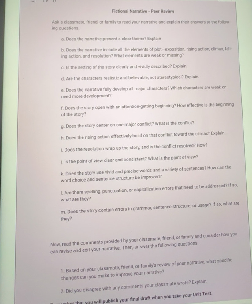 Solved: Fictional Narrative - Peer Review Ask a classmate, friend, or ...