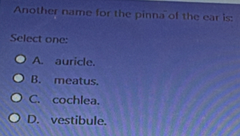 Solved: Another name for the pinna of the ear is: Select one: A ...