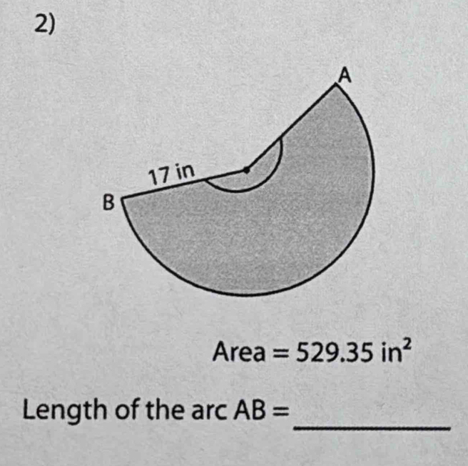 Solved: Area =529.35in^2 _ Length of the arc AB= [Math]