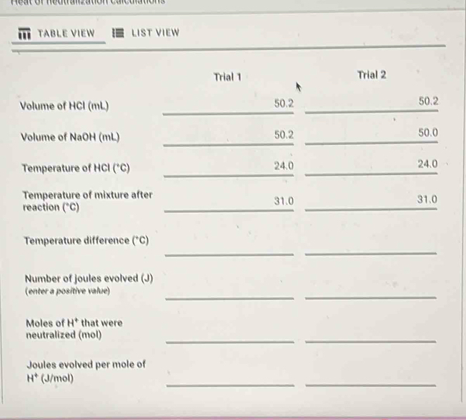 Solved: TABLE VIEW LIST VIEW Trial 1 Trial 2 50.2 Volume of HCl (mL) 50 ...