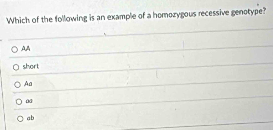Solved: Which of the following is an example of a homozygous recessive ...