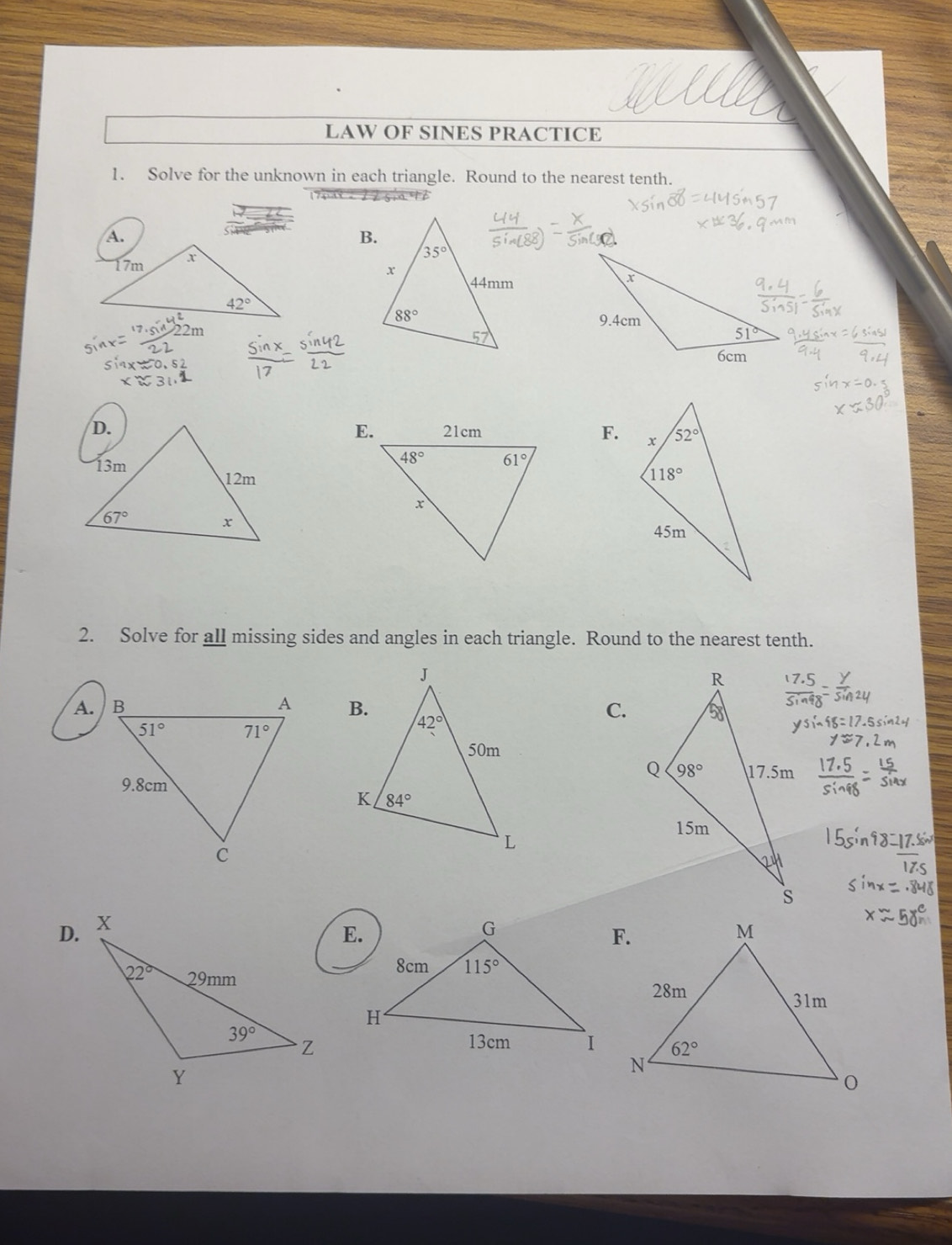 Solved: LAW OF SINES PRACTICE 1. Solve for the unknown in each triangle ...