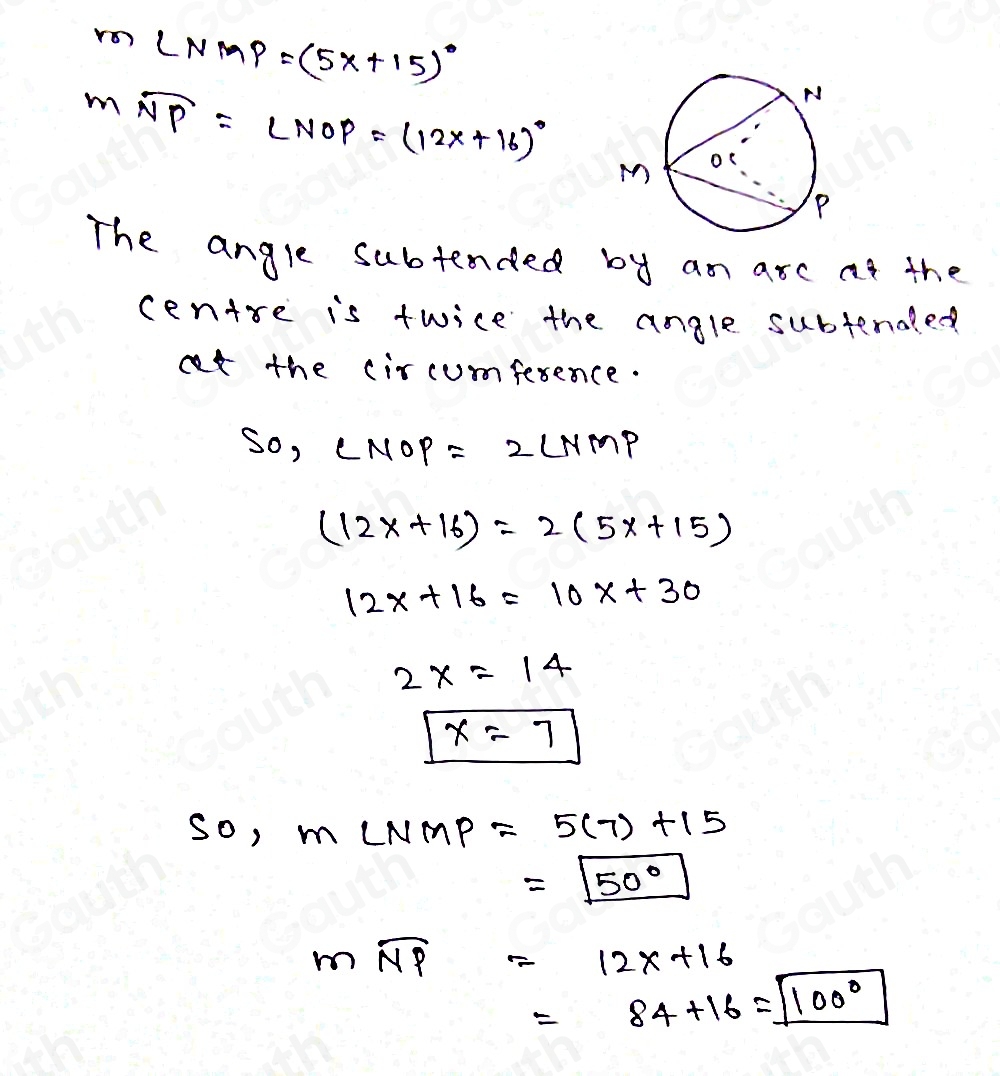 Solved: In the circle below, if m∠ NMP=(5x+15)^circ and mwidehat NP ...