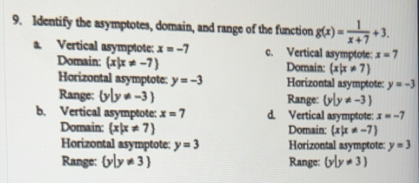 Solved: Identify the asymptotes, domain, and range of the function g(x ...