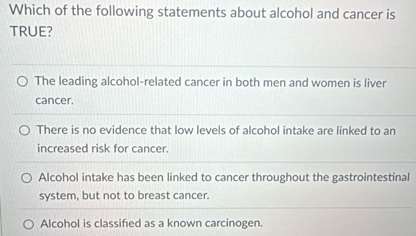 Solved: Which of the following statements about alcohol and cancer is ...