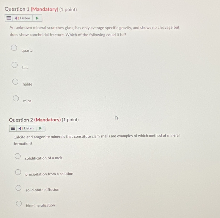 Solved: (Mandatory) (1 point) Listen An unknown mineral scratches glass ...