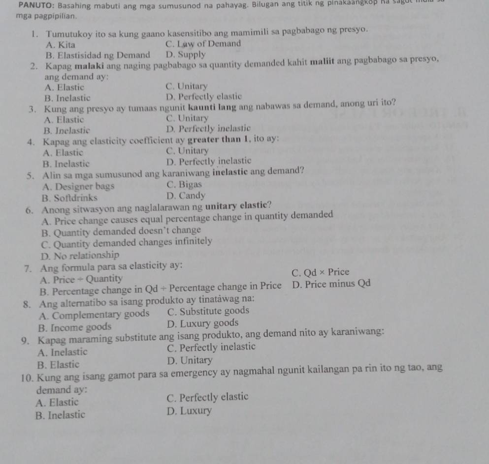Solved: PANUTO: Basahing mabuti ang mga sumusunod na pahayag. Bilugan ...