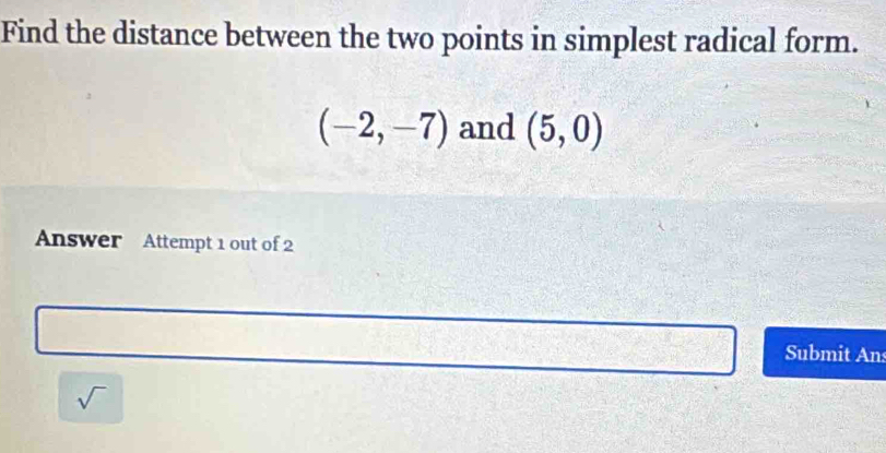 Solved: Find the distance between the two points in simplest radical ...