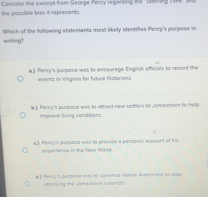 Solved: Consider the excerpt from George Percy regarding the "Starving ...