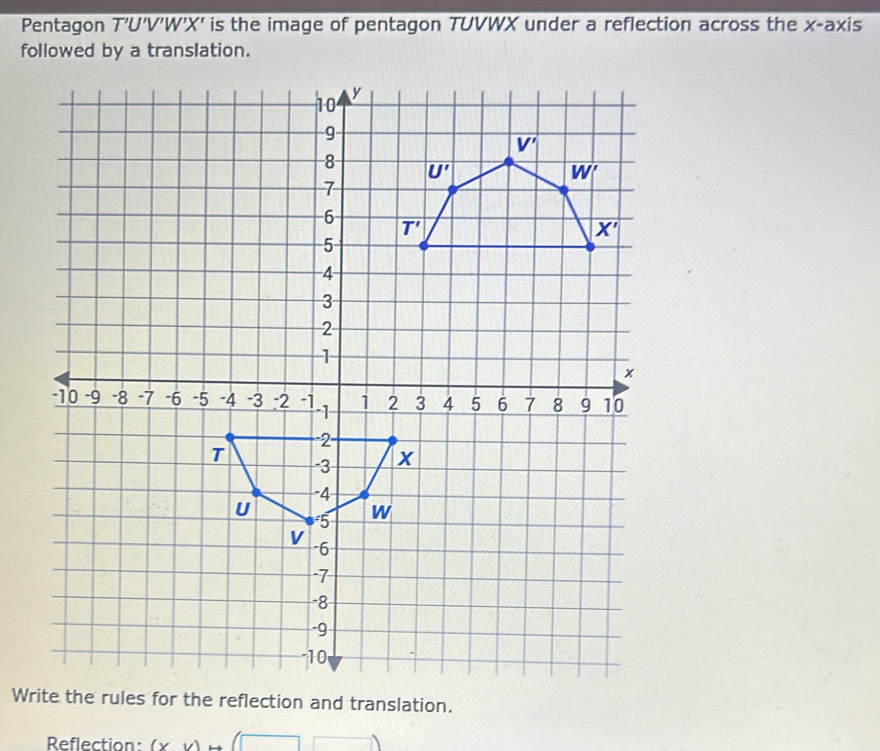 Solved: Pentagon T'U'V'W'X' is the image of pentagon TUVWX under a reflection across the x-axis ...