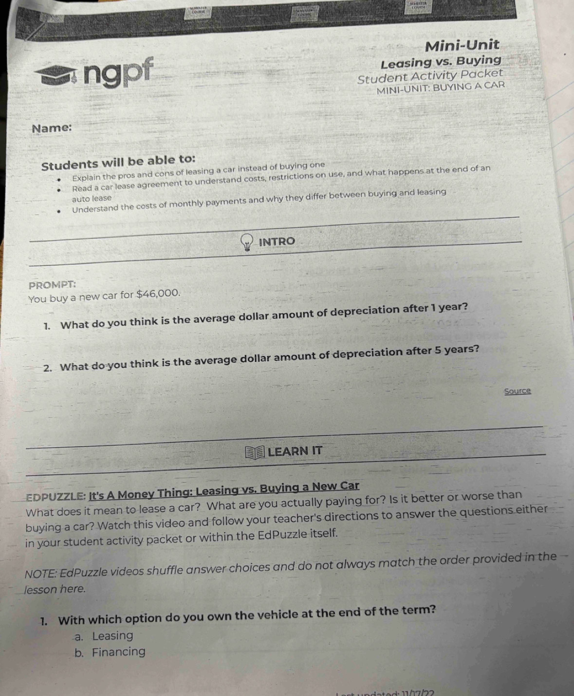 Solved: Mini-Unit ngpf Leasing vs. Buying Student Activity Packet MINI ...