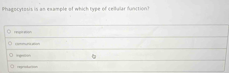 Solved: Phagocytosis is an example of which type of cellular function ...