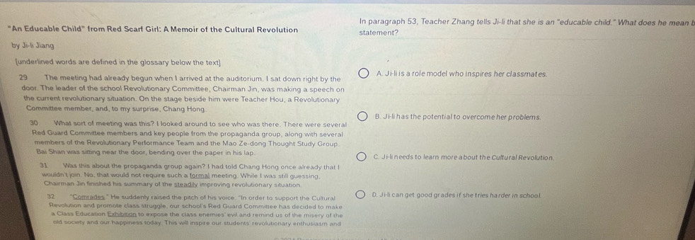 Solved: In paragraph 53, Teacher Zhang tells Ji-li that she is an ...