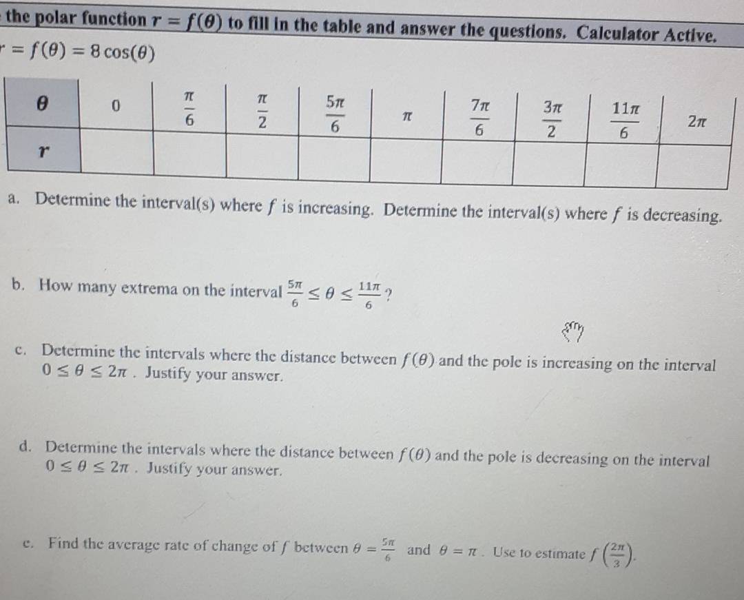 Solved: the polar function r=f(θ ) to fill in the table and answer the ...