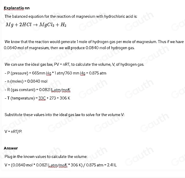 Solved: Magnesium metal reacts with hydrochloric acid (HCl) to produce hydrogen gas H_2 and ...