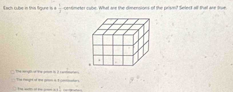Solved: Each cube in this figure is a 1/2 -centimeter cube. What are ...