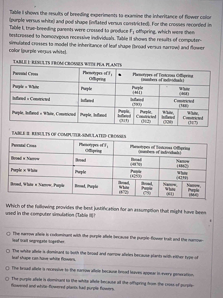 Resuelto:Table I shows the results of breeding experiments to examine ...