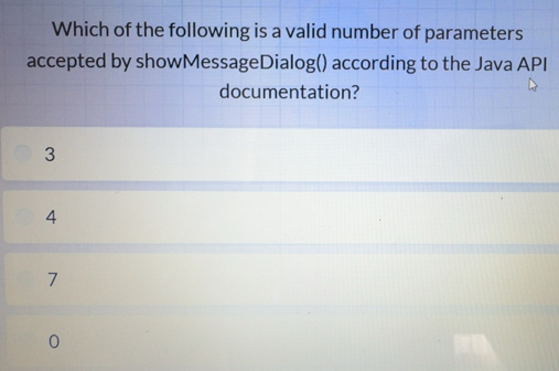 Gelöst:Which of the following is a valid number of parameters accepted ...