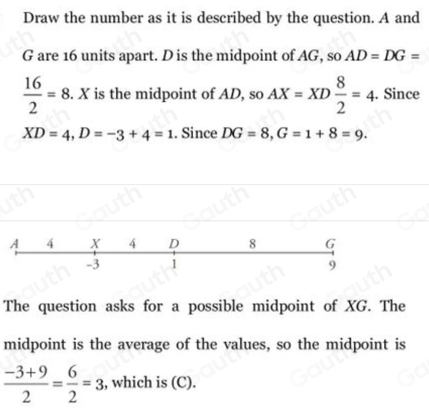 Solved: Points A and G on a number line are 16 units apart, and point D is the mid- point of AG ...