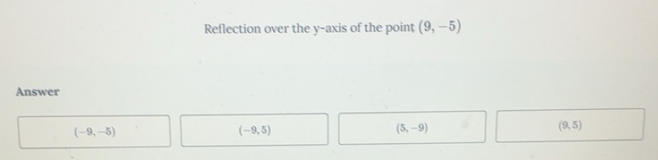 Solved: Reflection over the y-axis of the point (9,-5) Answer (-9,-5 ...