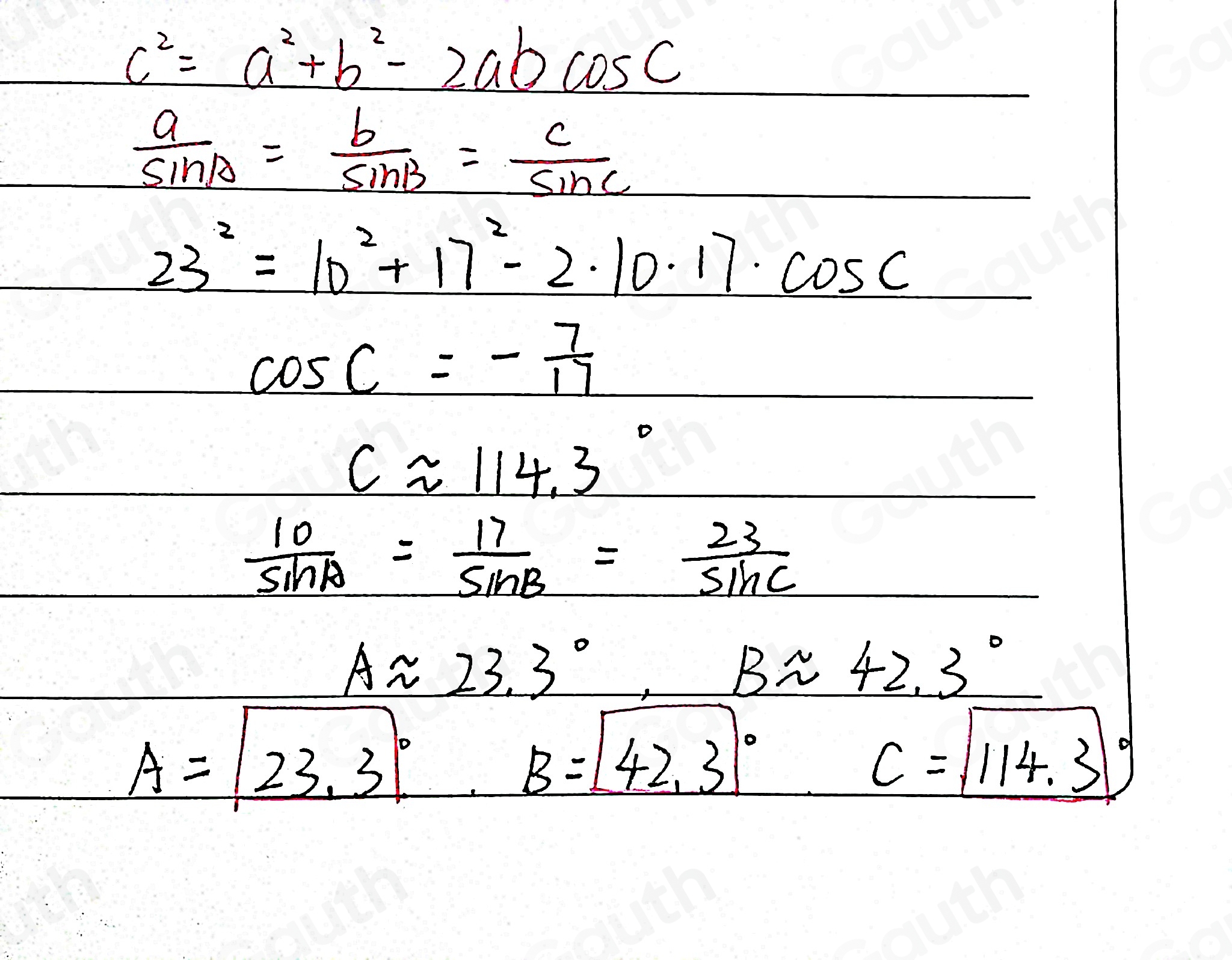 Solved: Find the angles of ABC given that a=10, b=17 , and c=23. Find ...