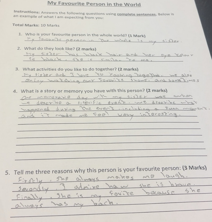 Solved: My Favourite Person in the World Instructions: Answers the ...