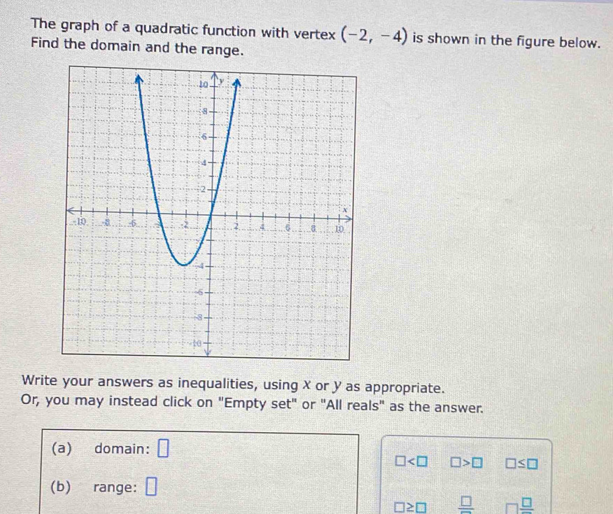 Solved: The graph of a quadratic function with vertex (-2,-4) is shown ...