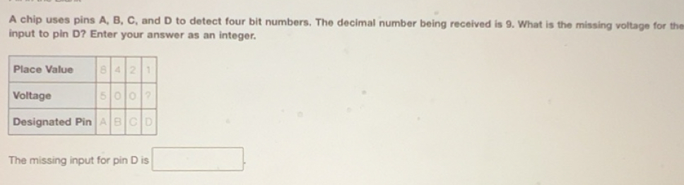 Solved: A chip uses pins A, B, C, and D to detect four bit numbers. The decimal number being ...