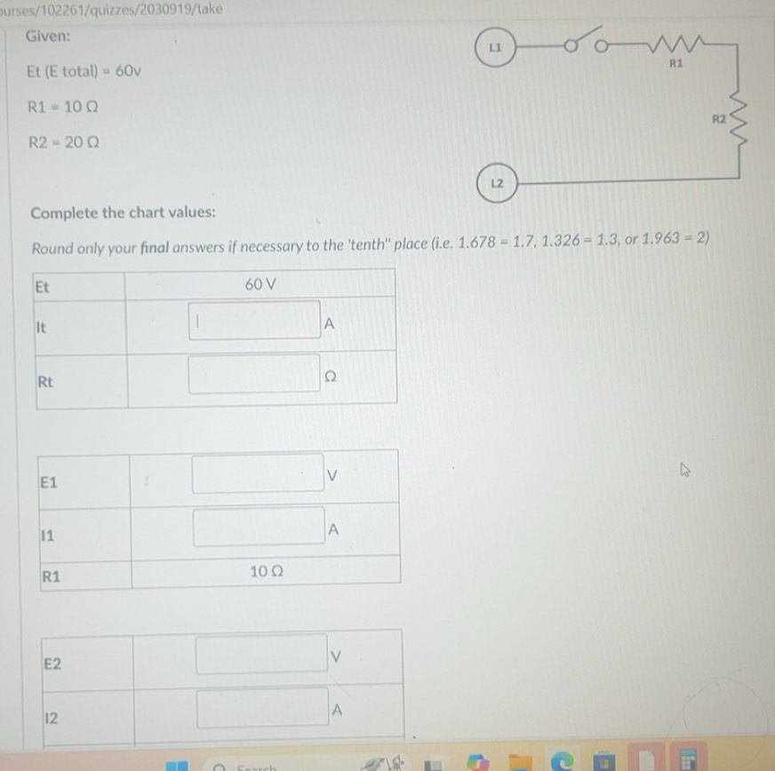Solved: purses/102261/quizzes/2030919/take Given: Et (E total) =60v R1 ...