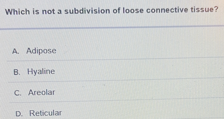 Solved: Which is not a subdivision of loose connective tissue? A ...