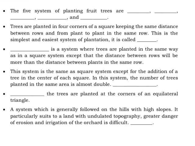 Solved: The five system of planting fruit trees are _-,_ _, _, and ...