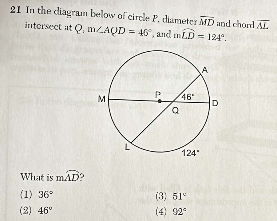 Solved: In the diagram below of circle P, diameter overline MD and chord overline AL intersect ...