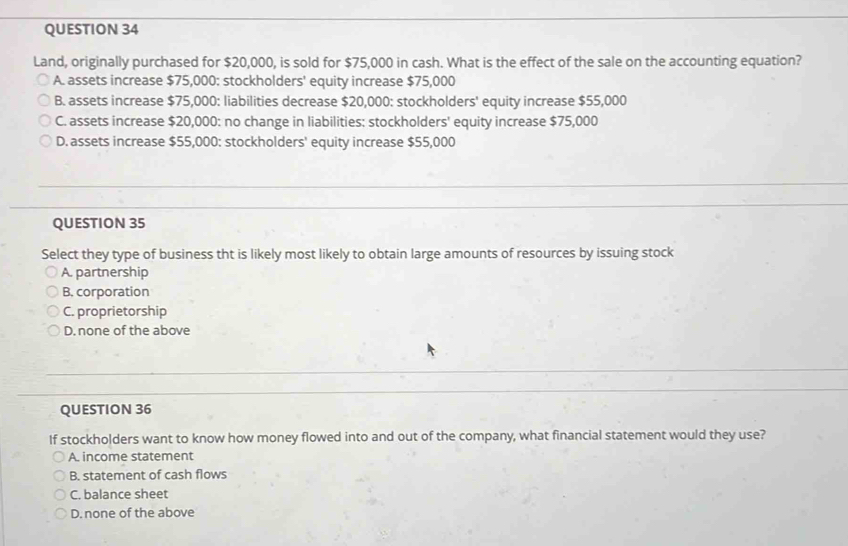 Solved: Land, originally purchased for $20,000, is sold for $75,000 in ...