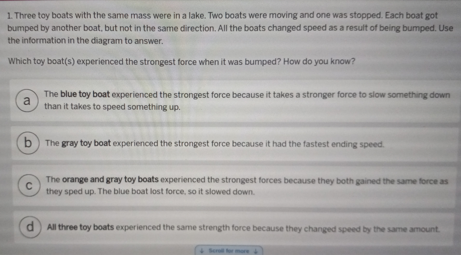 Solved: Three toy boats with the same mass were in a lake. Two boats ...