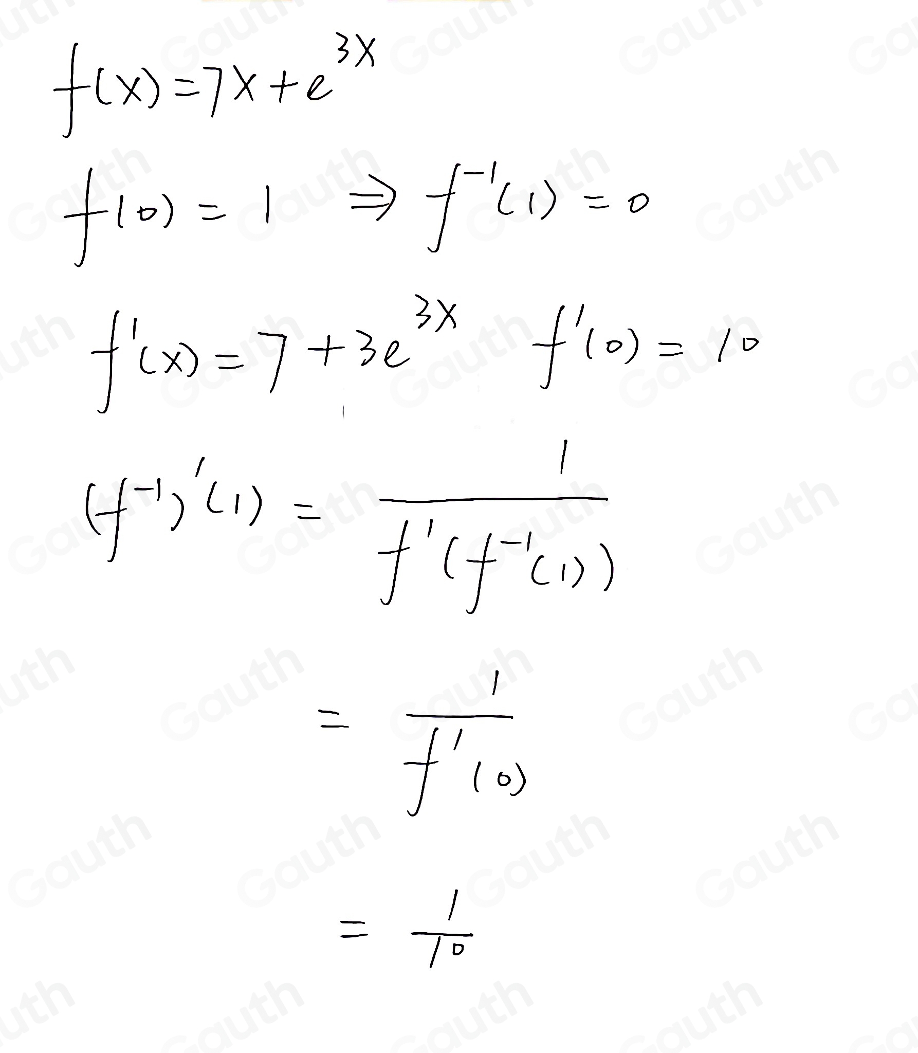 Solved: If f(x)=7x+e^(3x) , use the formula (f^(-1))'(x)= 1/f'(f^(-1)(x ...