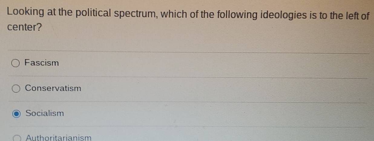 Solved: Looking at the political spectrum, which of the following ...