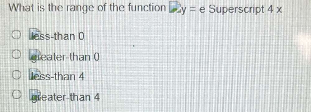 Solved: What is the range of the function uy= e Superscript 4 x less ...