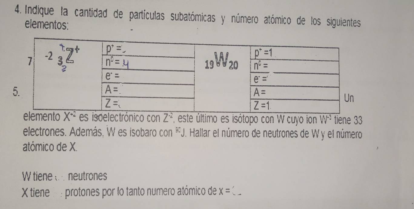 Resuelto:Indique la cantidad de partículas subatómicas y número atómico ...