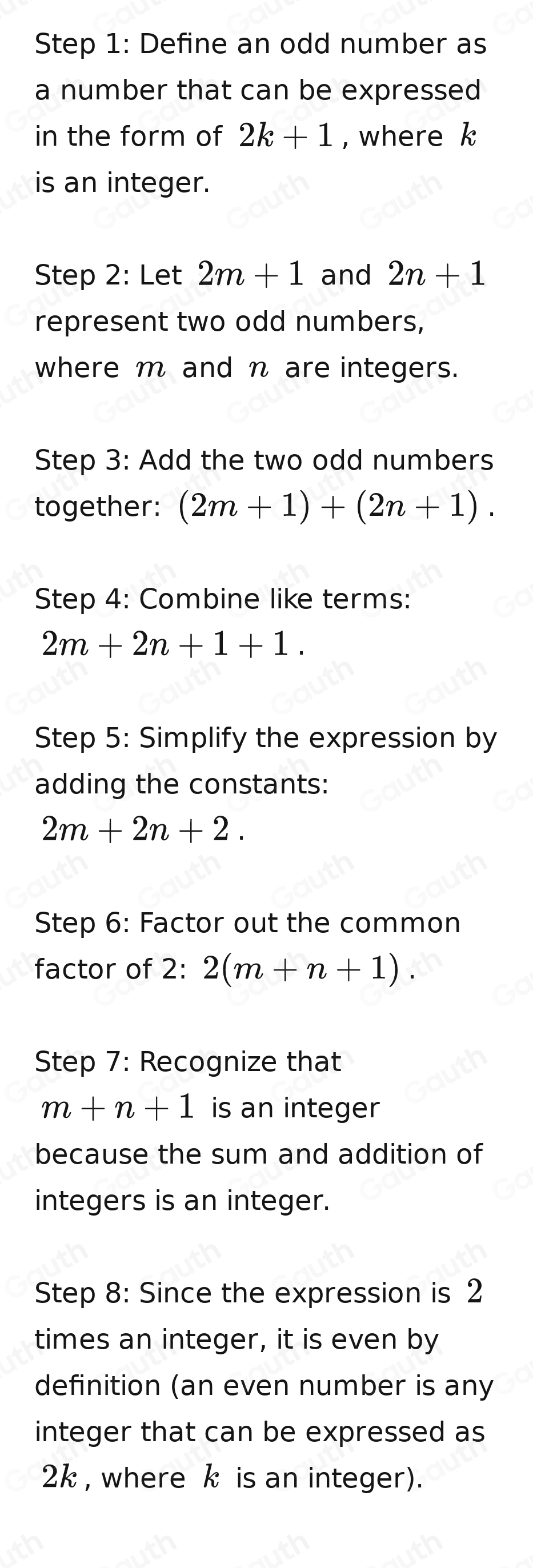 Solved: Prove: An odd plus an odd equals an even. (2m+1)+(2n+1)=[?]m+ ...