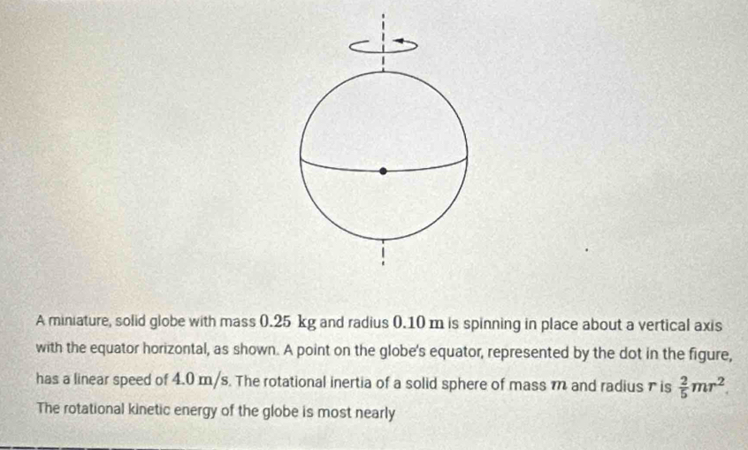 Solved: A miniature, solid globe with mass 0.25 kg and radius 0.10 m is ...
