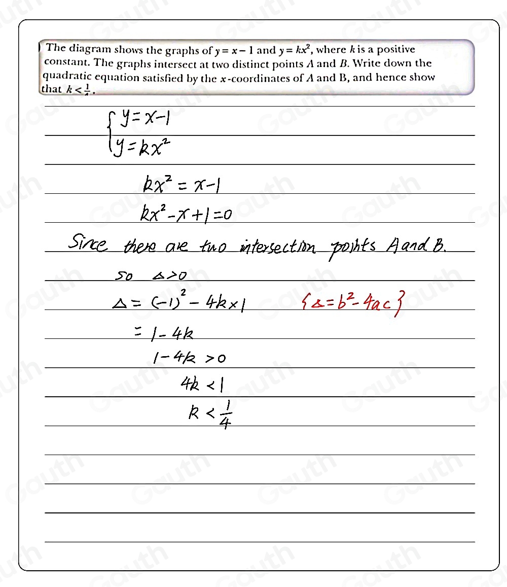 Solved: The diagram shows the graphs of y=x-1 and y=kx^2 , where k is a ...