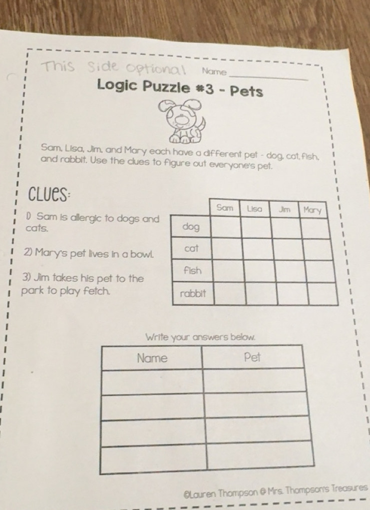 Solved: Name Logic Puzzle #3 - Pets Sam, Lisa, Jim, and Mary each have ...