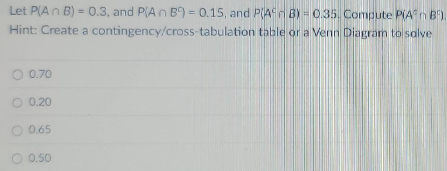 Solved: Let P(A∩ B)=0.3 , and P(A∩ B^C)=0.15 , and P(A^c∩ B)=0.35 ...