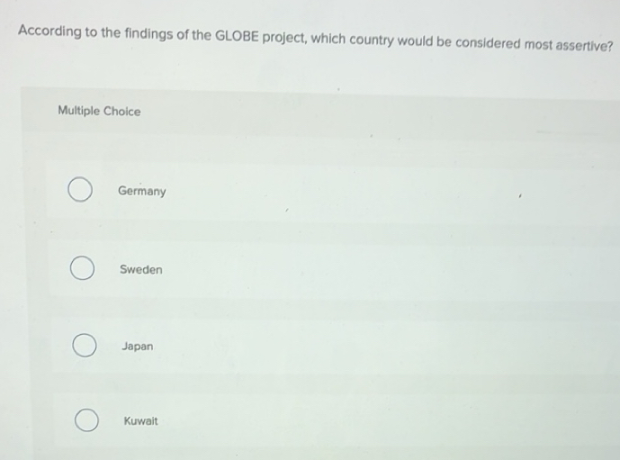Solved: According to the findings of the GLOBE project, which country ...